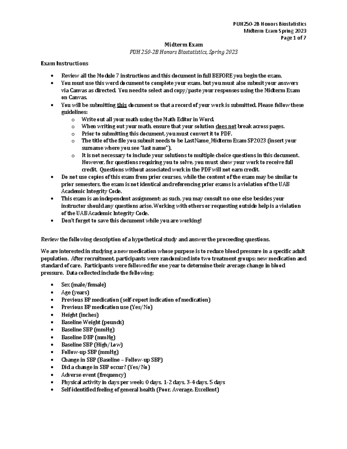 Midterm Exam SP2023 - Midterm Exam Spring 2023 Page 1 of 7 Midterm Exam ...