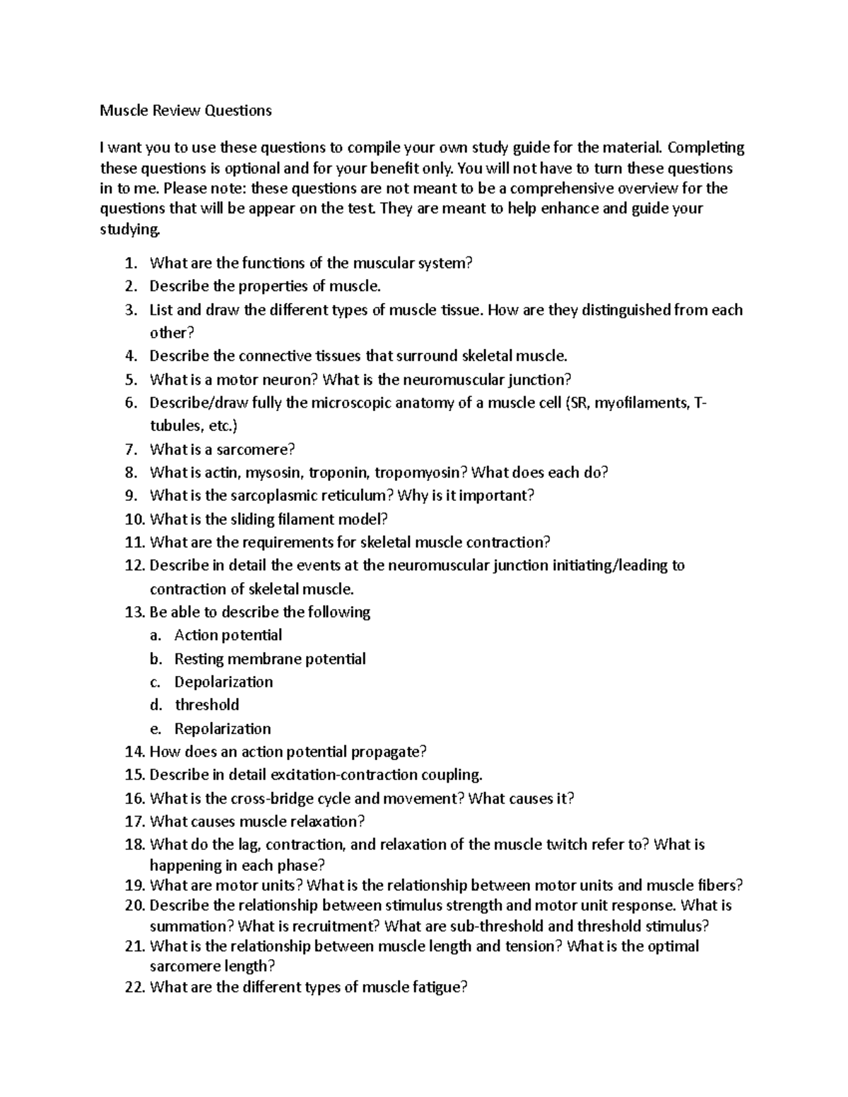 Muscle Review Questions - Completing these questions is optional and ...