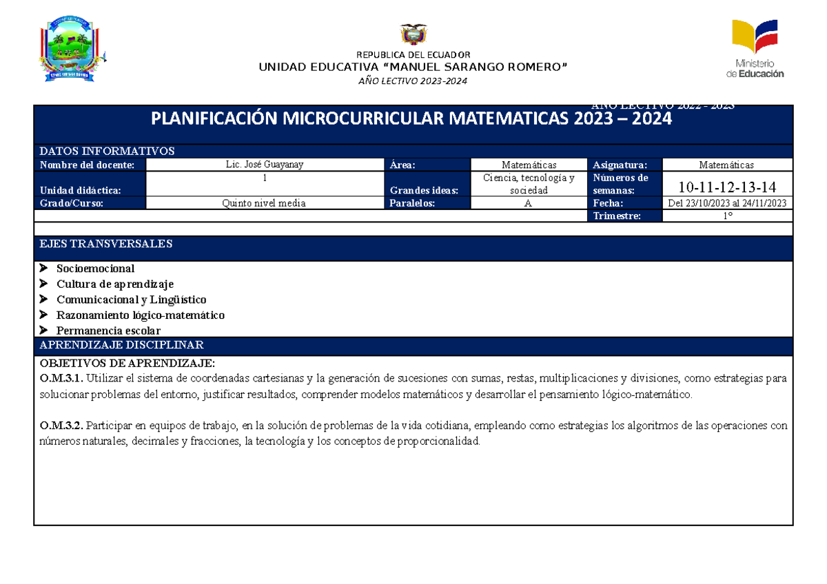 Planificación 5TO semana 10-11-12-13-14 Media - REPUBLICA DEL ECUADOR ...