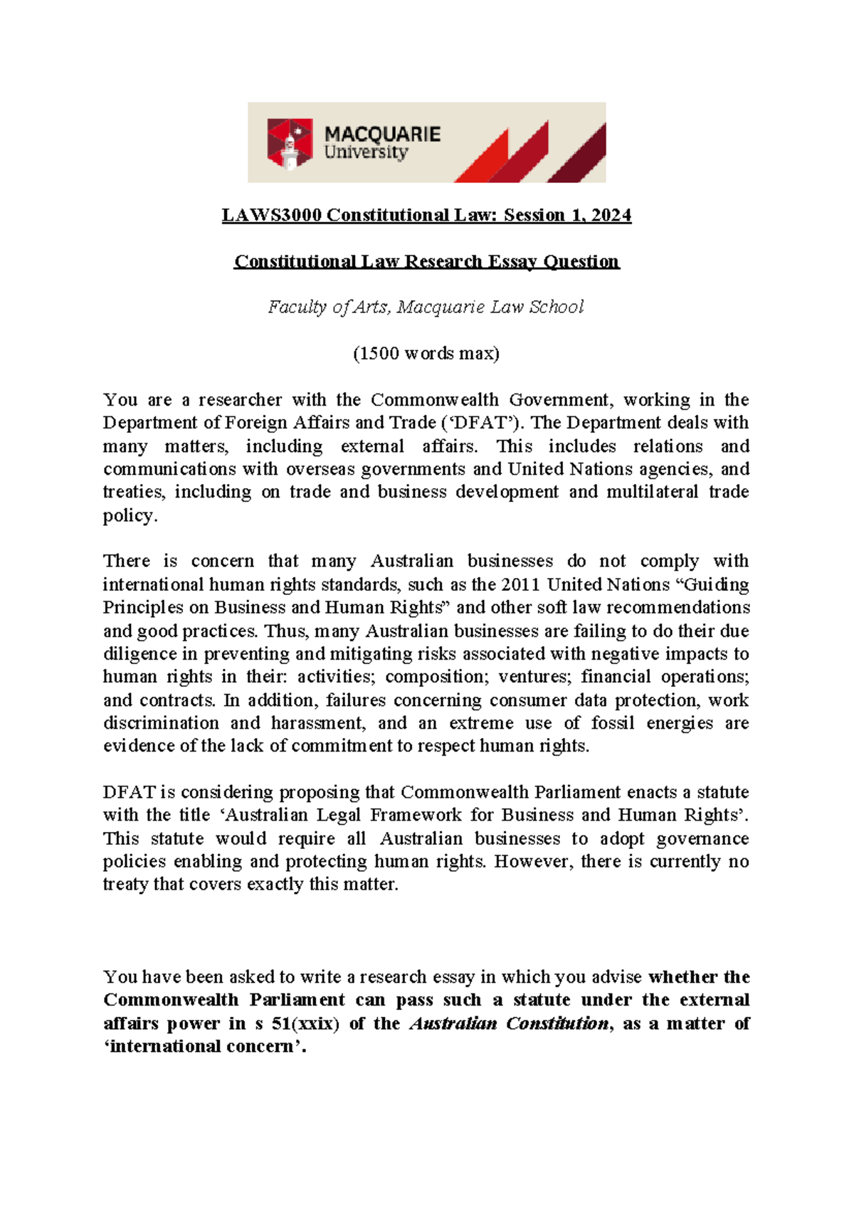 LAWS3000 Constitutional Law Research Essay Quesion 2024 1 March - LAWS3000 Constitutional Law ...