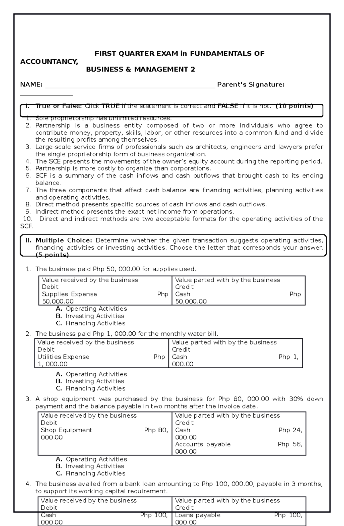 FABM 2 1st Quarter - FIRST QUARTER EXAM in FUNDAMENTALS OF ACCOUNTANCY ...