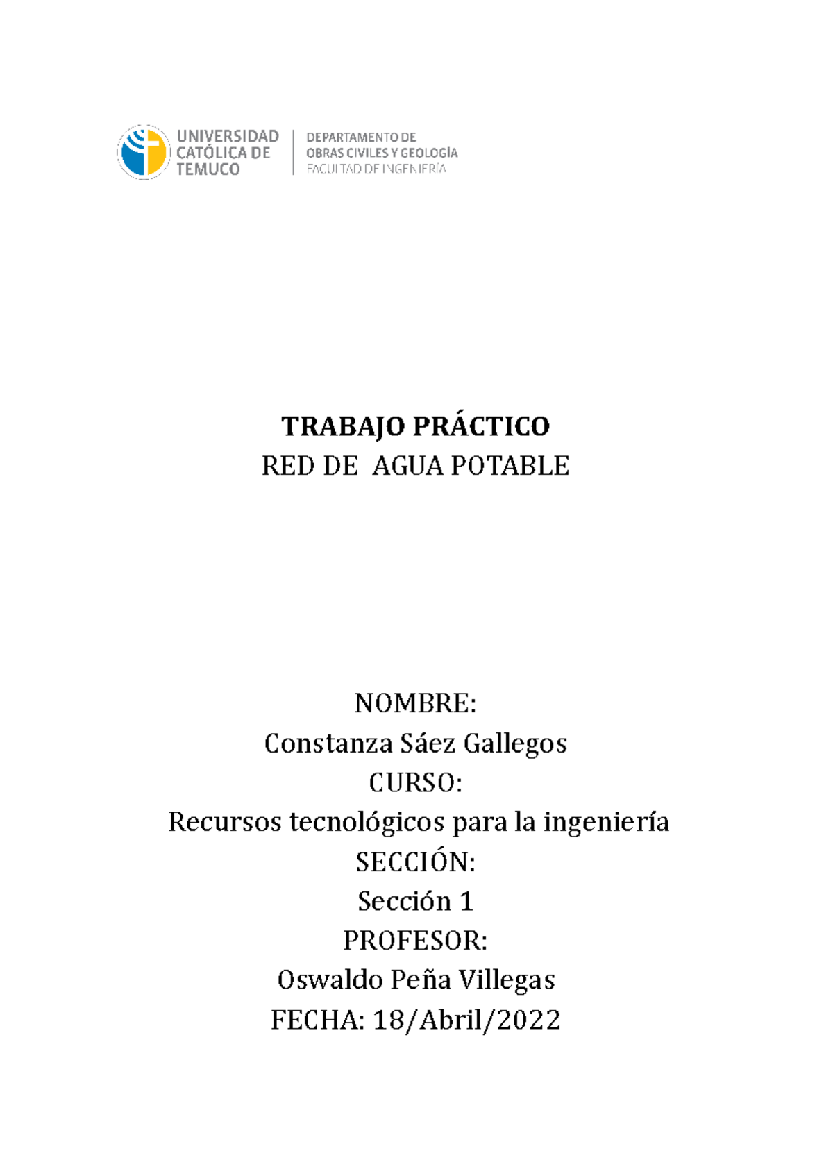 Trabajo Práctico 2 - TRABAJO PRÁCTICO RED DE AGUA POTABLE NOMBRE ...