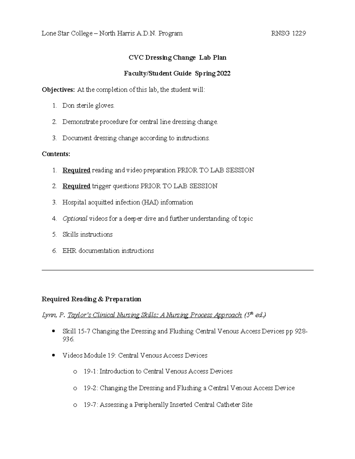 CVC Dressing Change Lab Plan - CVC Dressing Change Lab Plan Faculty ...