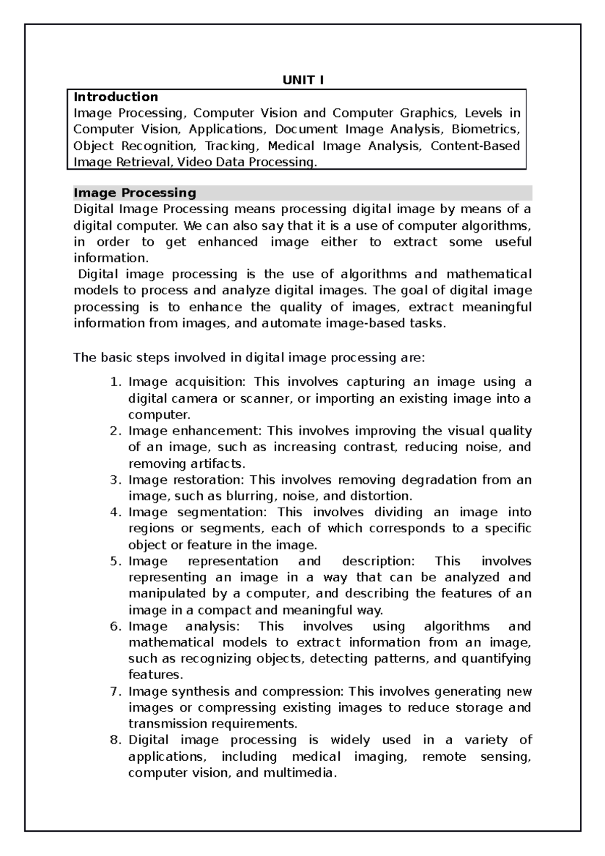 Unit1 Computer Vision Unit 1 Notes Unit I Introduction Image Processing Computer Vision And 