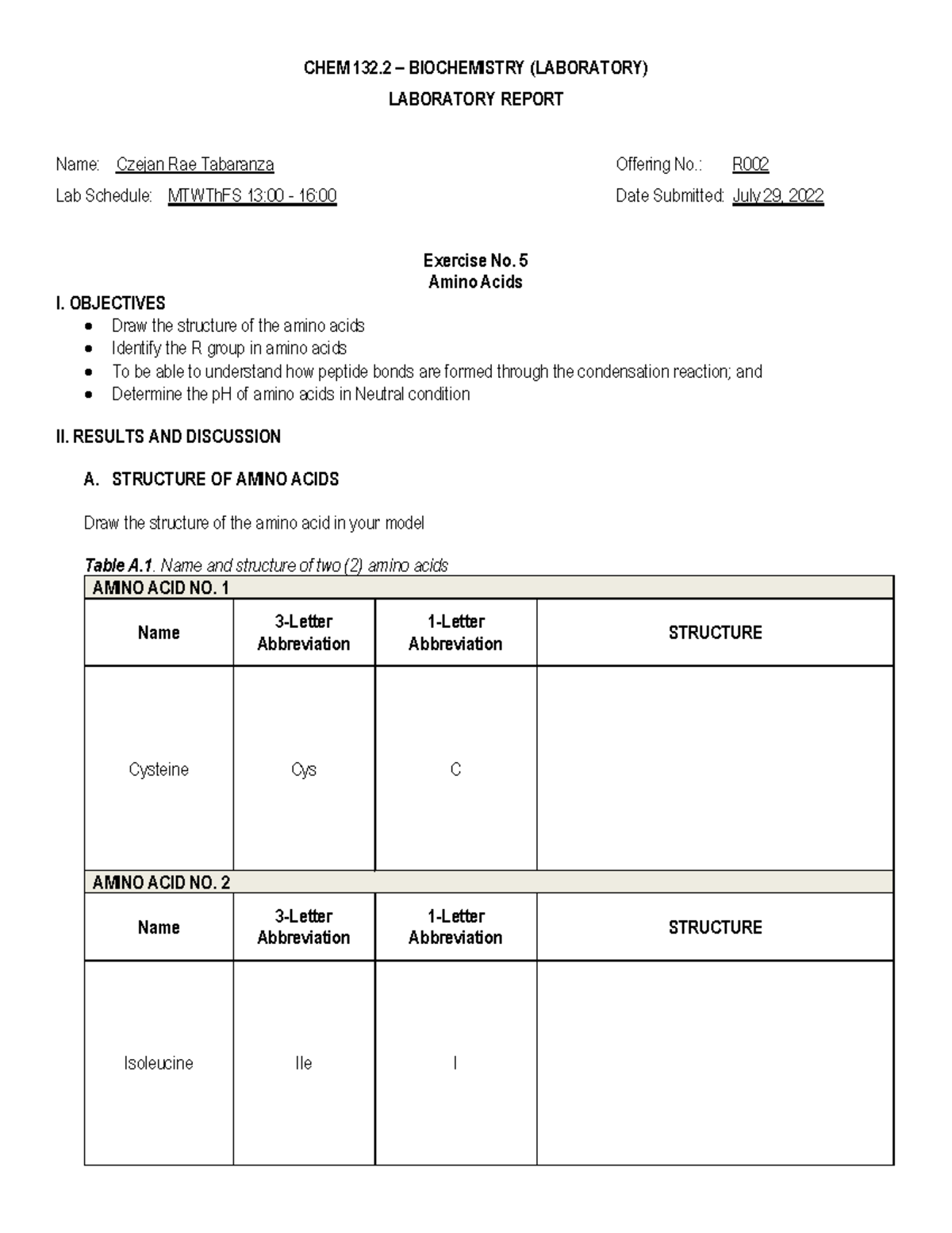 Biochemistry Lab Report 6 Tabaranza, Czejan Rae - CHEM 132 – BIOCHEMISTRY (LABORATORY ...