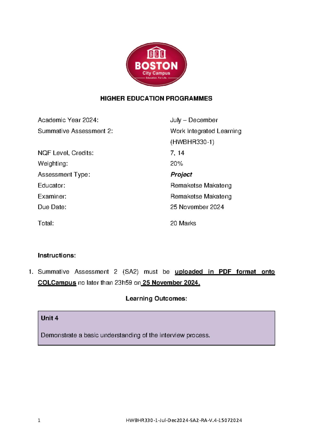 Hwbhr 330 1 Jul Dec2024 SA2 RM V - HIGHER EDUCATION PROGRAMMES Academic ...