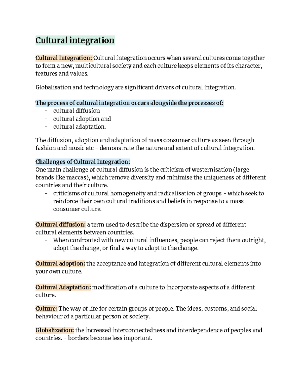 Global challenges Final - Cultural integration Cultural Integration ...