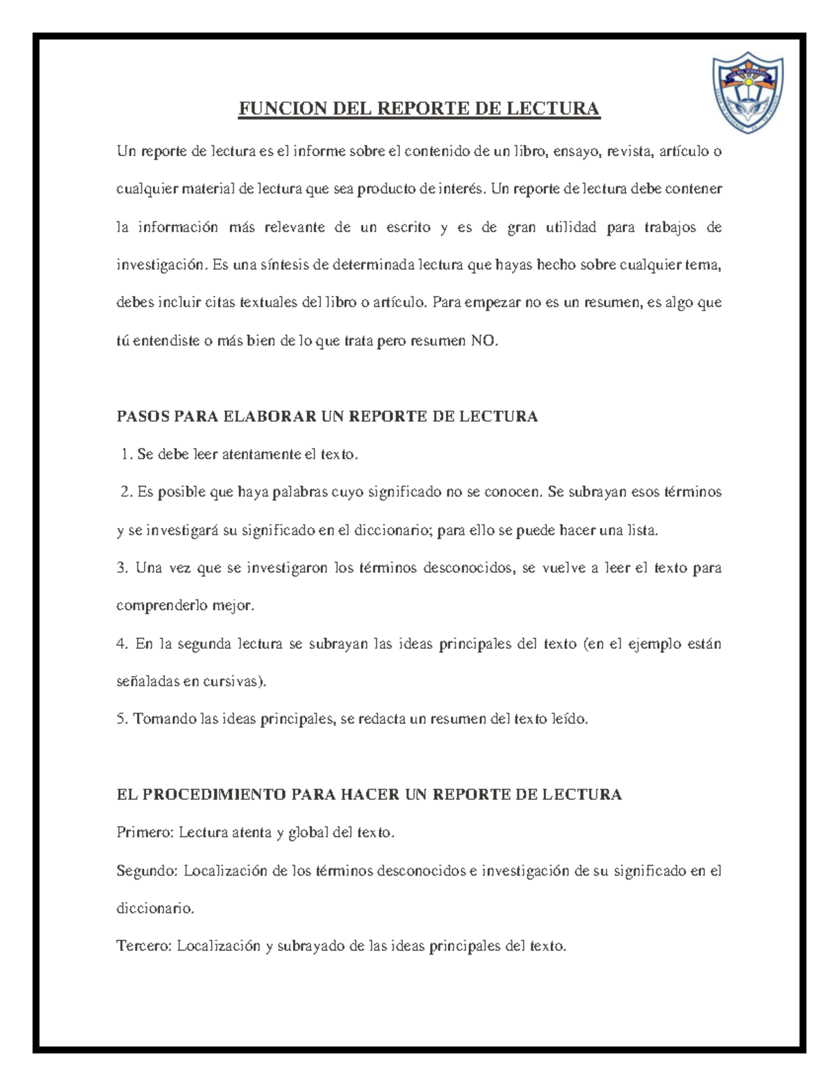 Funcion DEL Reporte DE Lectura - FUNCION DEL REPORTE DE LECTURA Un ...