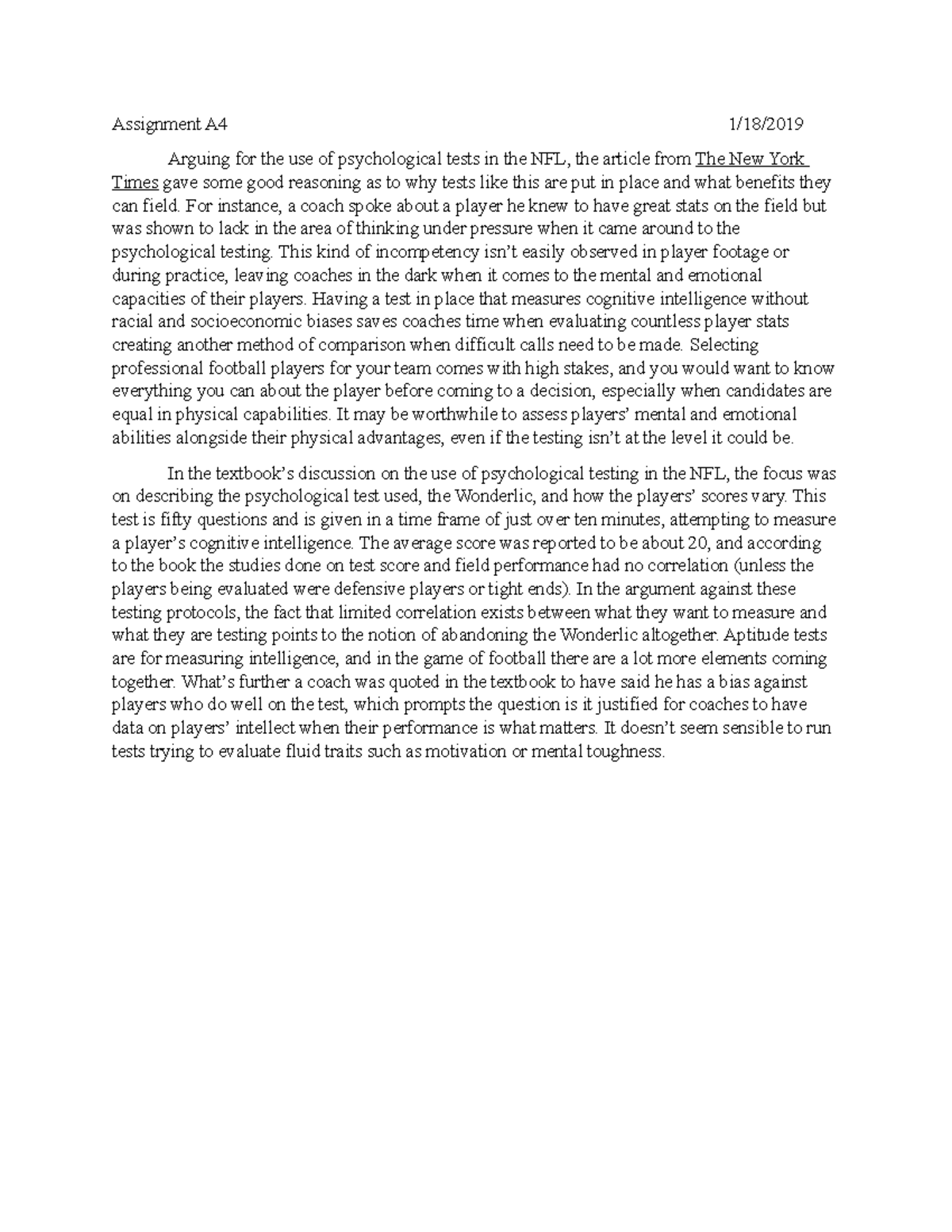 Assignment A4 - For instance, a coach spoke about a player he knew to ...