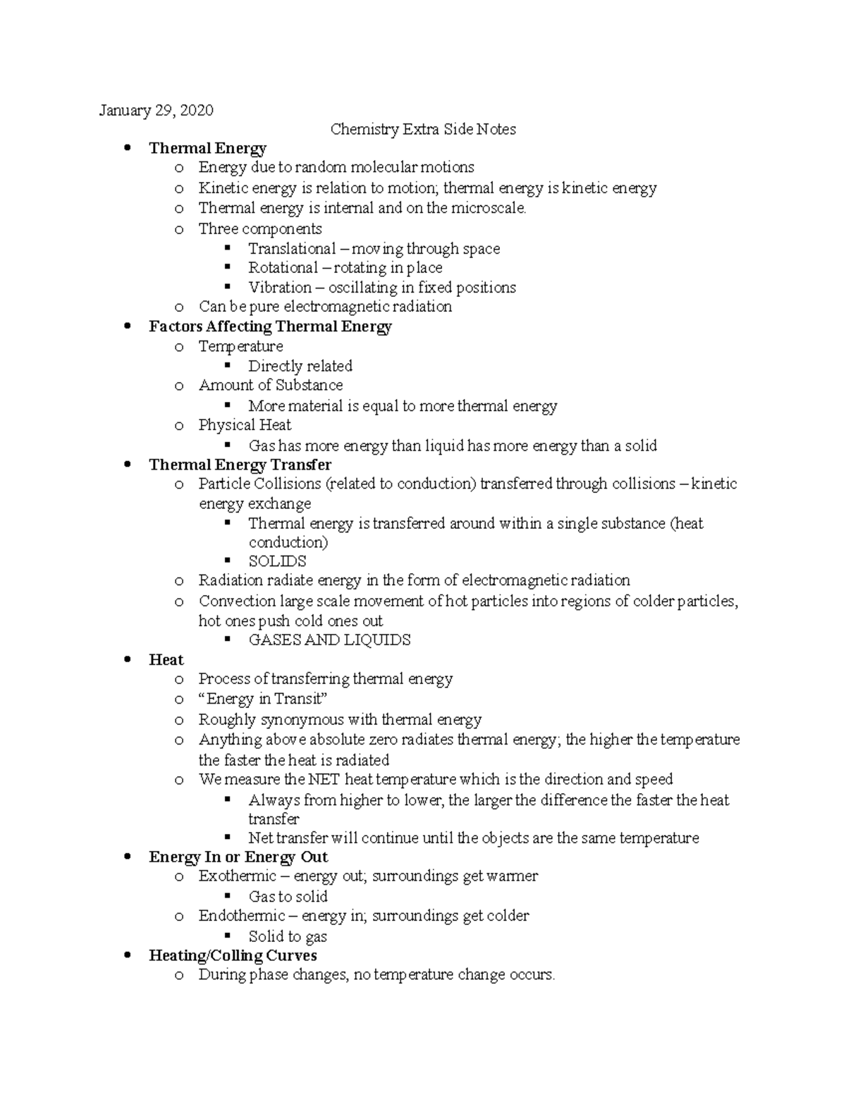 Lecture Notes 3 - January 29, 2020 Chemistry Extra Side Notes Thermal ...