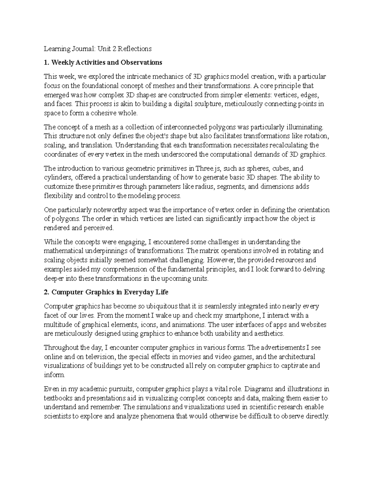 Learning Journal reflections - Learning Journal: Unit 2 Reflections Weekly Activities and - Studocu