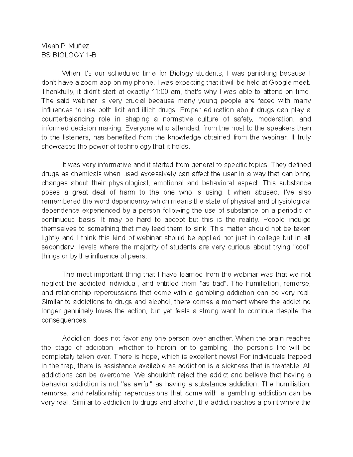 NSTP - A reaction paper about drug awareness webinar. - Vieah P. Muñez ...