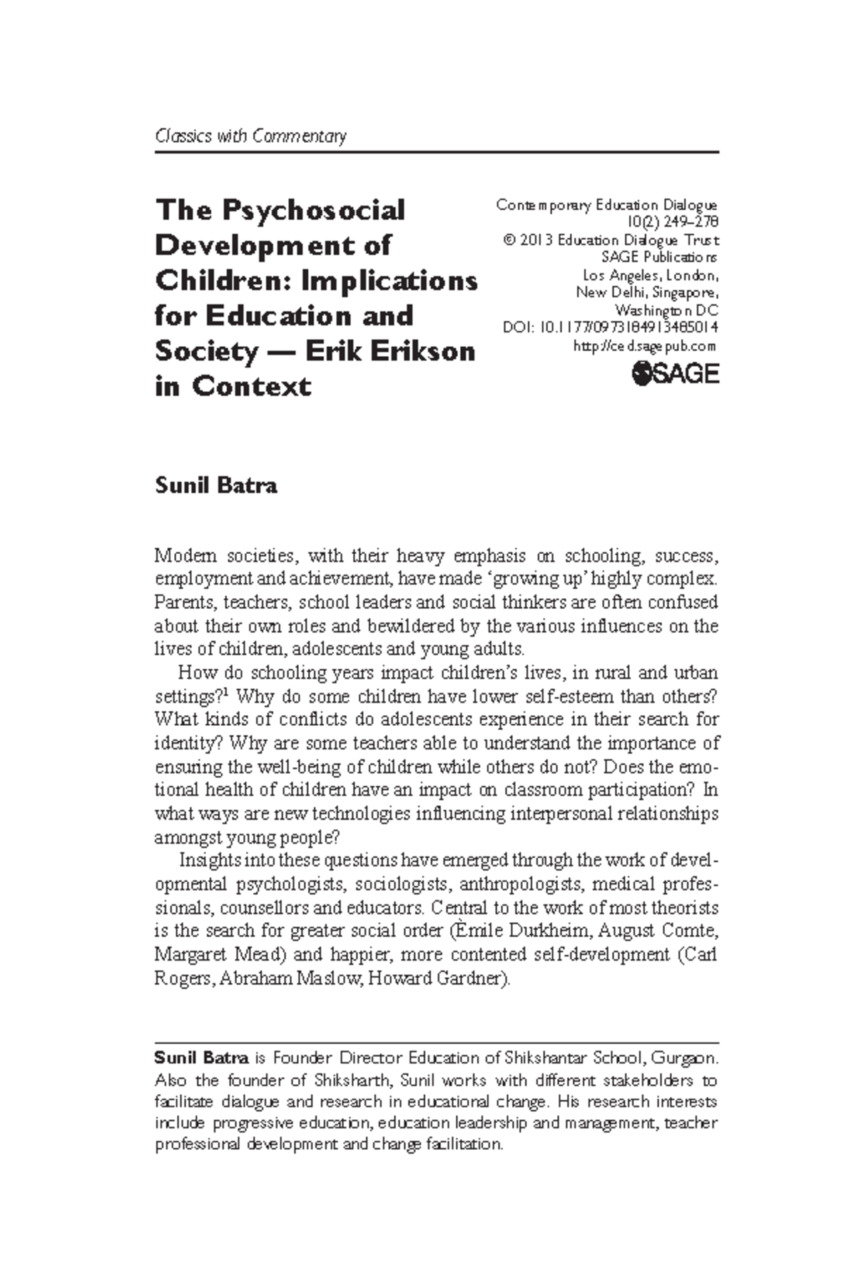 The Psychosocial Development of Children - Classics with Commentary The ...