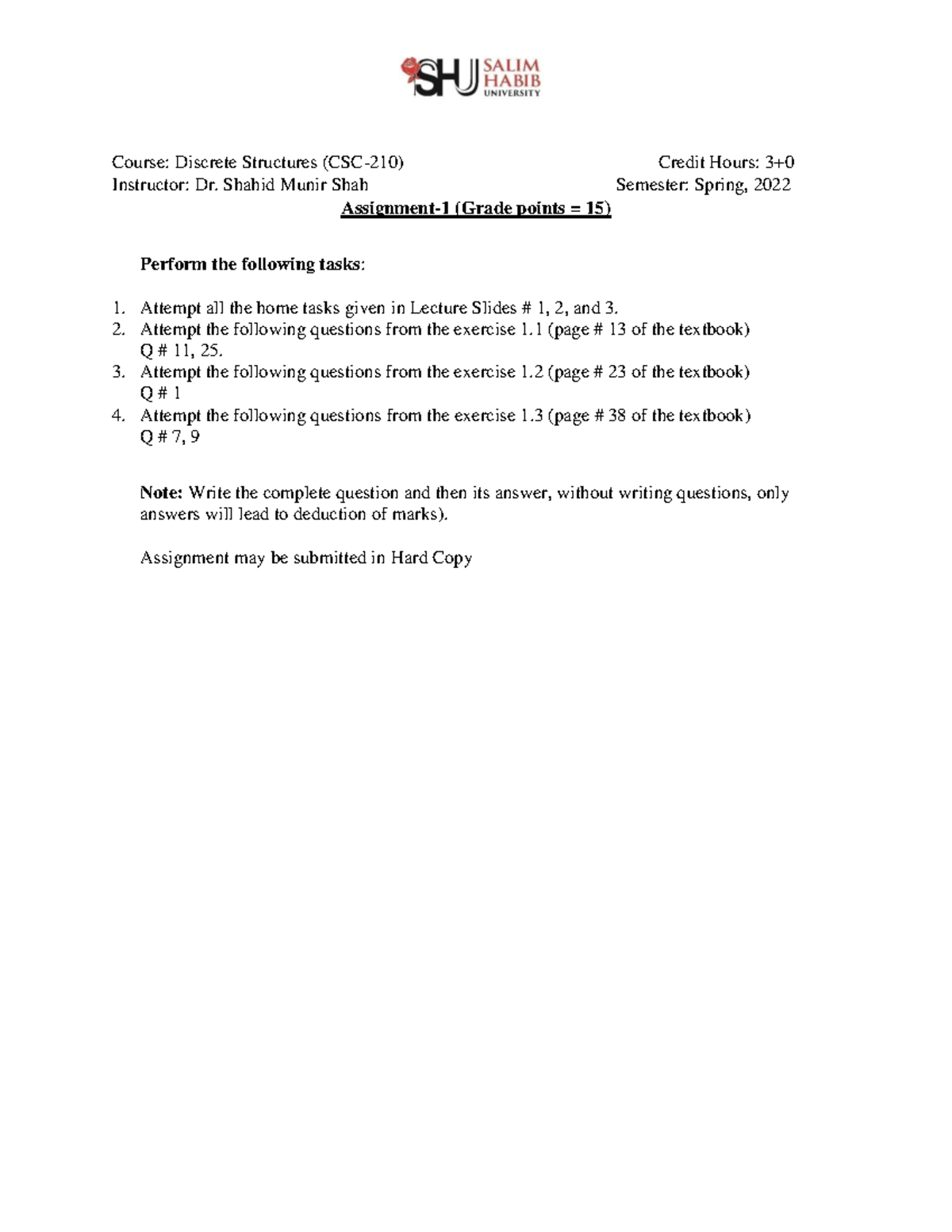 Assignment-1 - University of Agriculture Faisalabad - Course: Discrete Structures (CSC-210 ...