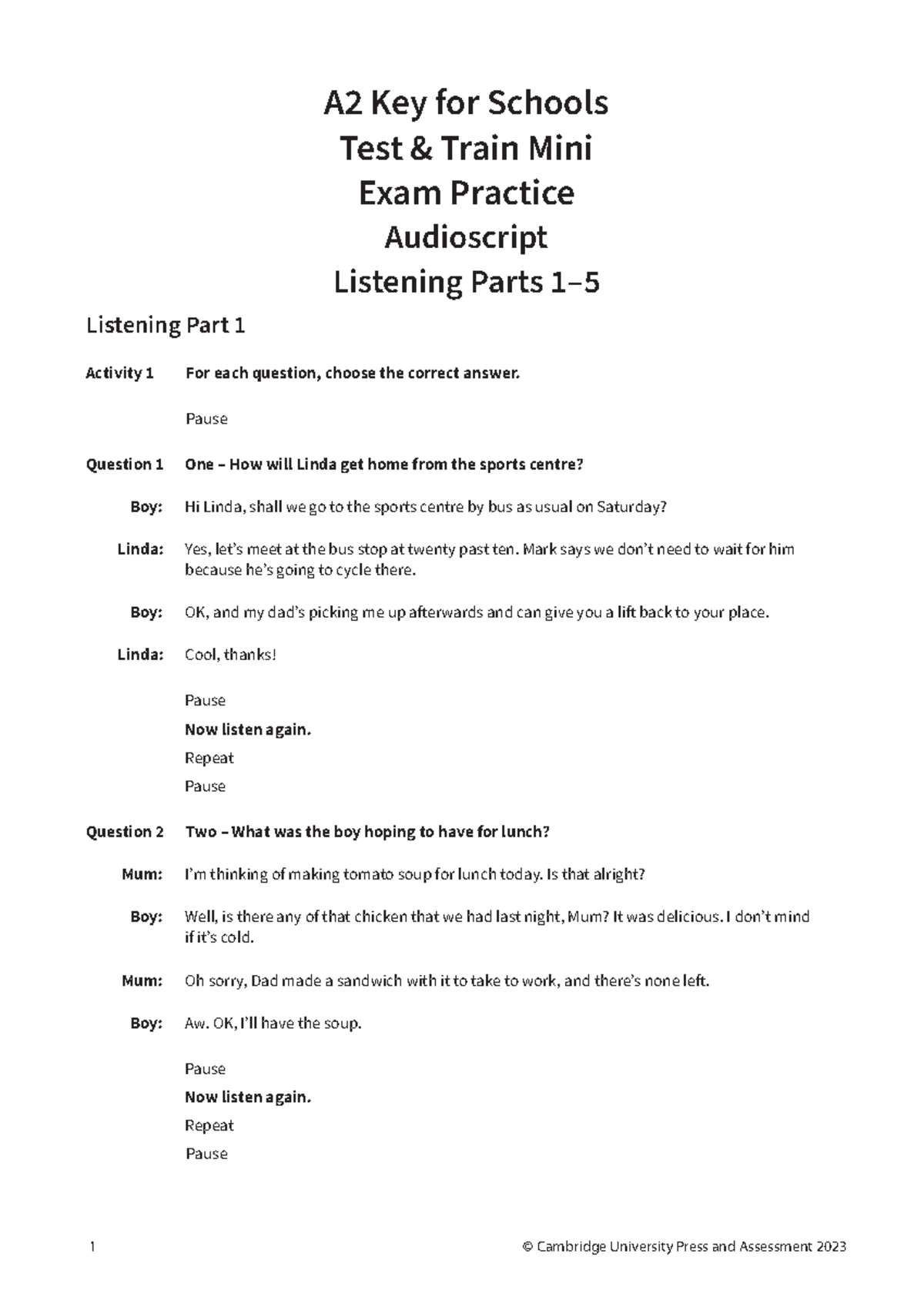 Test & Train Exam Practice A2 Key for Schools audio script - A2 Key for ...