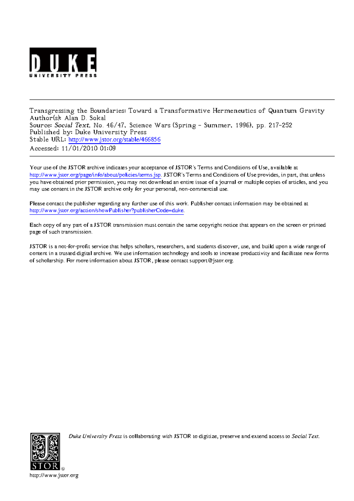 Sokal 1996 Transgressing the boundaries - Transgressing the Boundaries ...