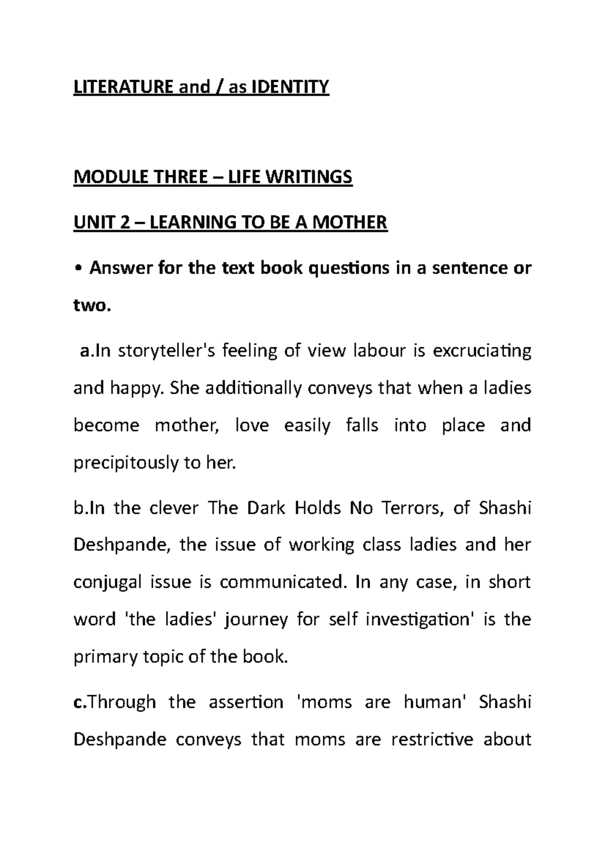 Literature and as Identity - Module 3 - Unit 2 -Notes - English ...