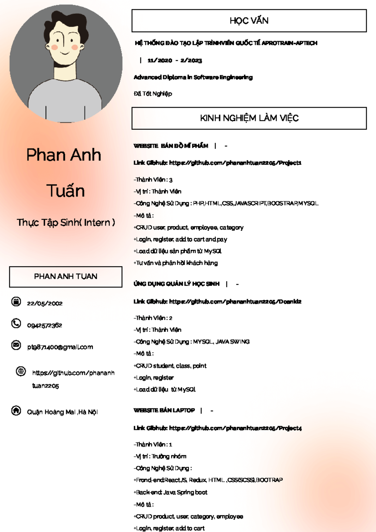Phan Anh Tuan Top CV - ádasd - Phan Anh Tuấn Thực Tập Sinh( Intern ) ####### PHAN ANH TUAN ...