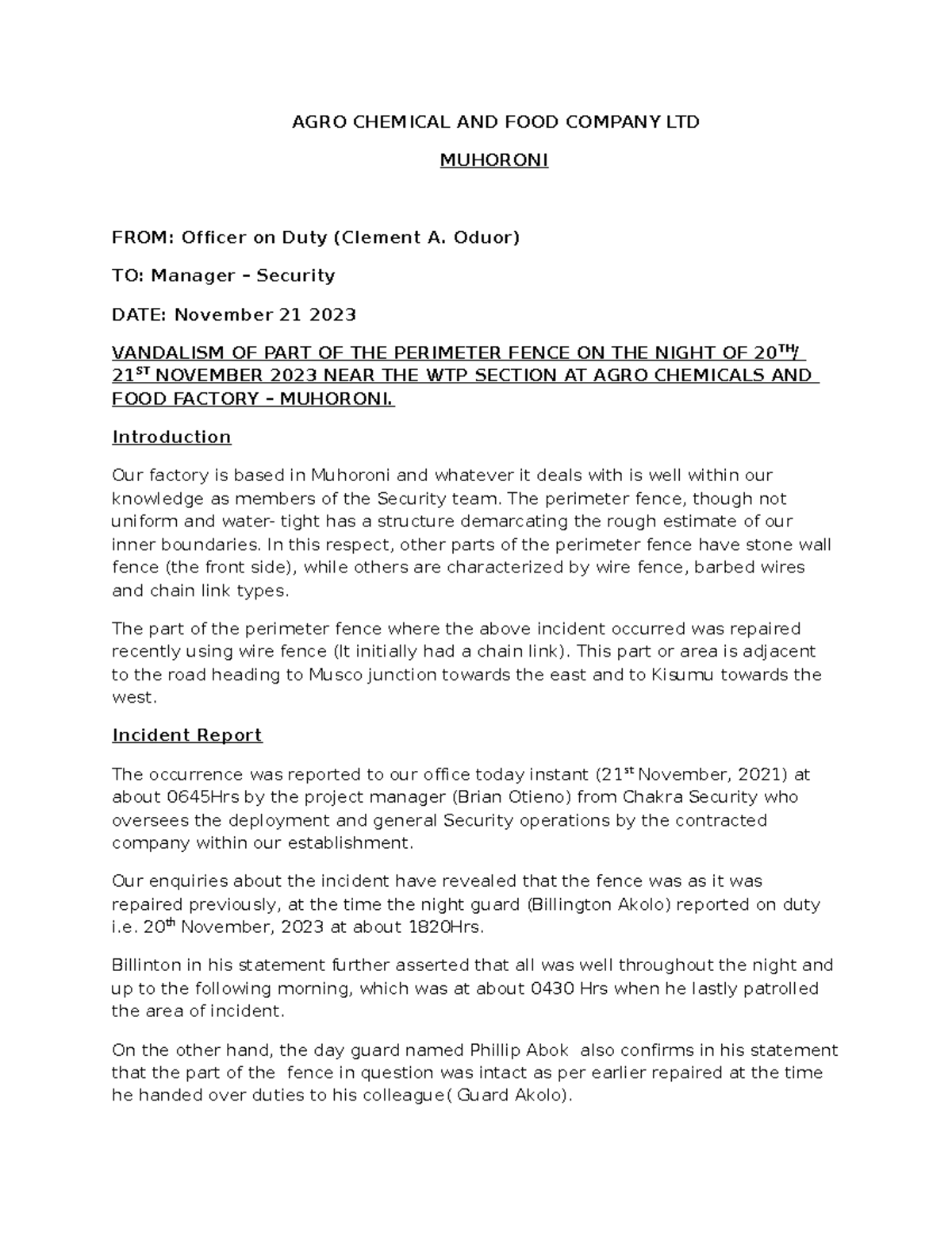 AGRO Fence Vandalism Report - AGRO CHEMICAL AND FOOD COMPANY LTD ...