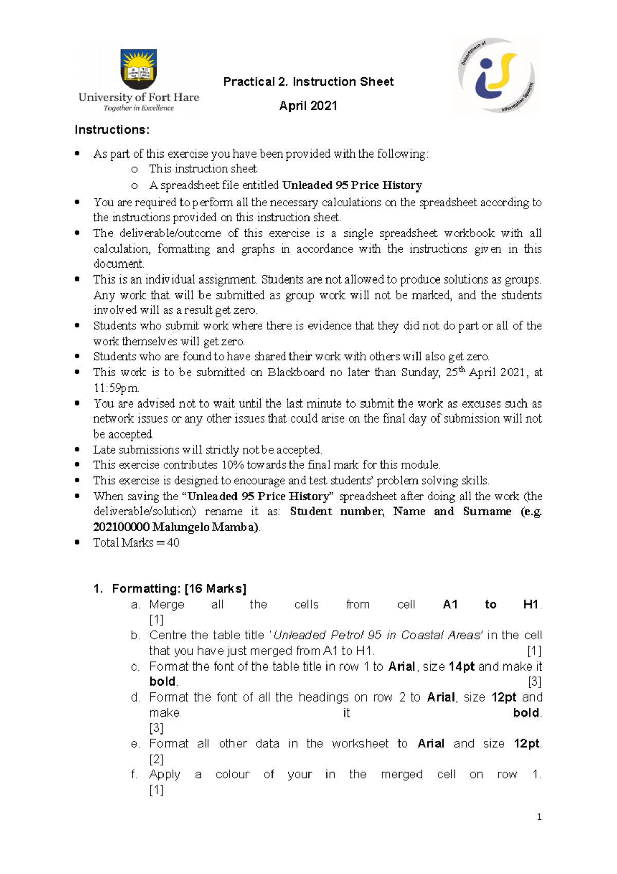 Instruction Sheet Practical 2 MS Excel (2021) - Practical 2 ...