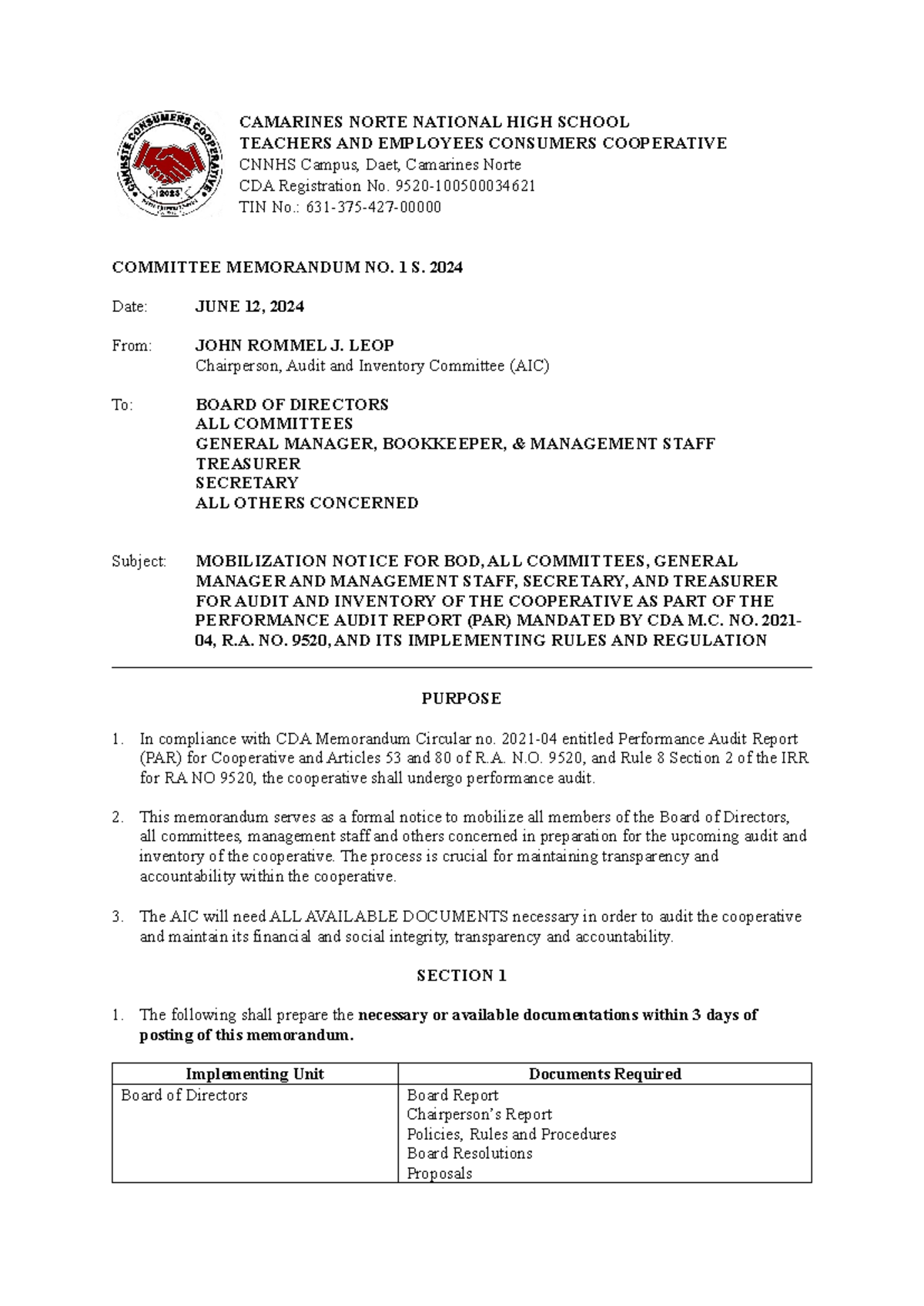 Memorandum No. 1 s. 2024. - CAMARINES NORTE NATIONAL HIGH SCHOOL TEACHERS AND EMPLOYEES ...