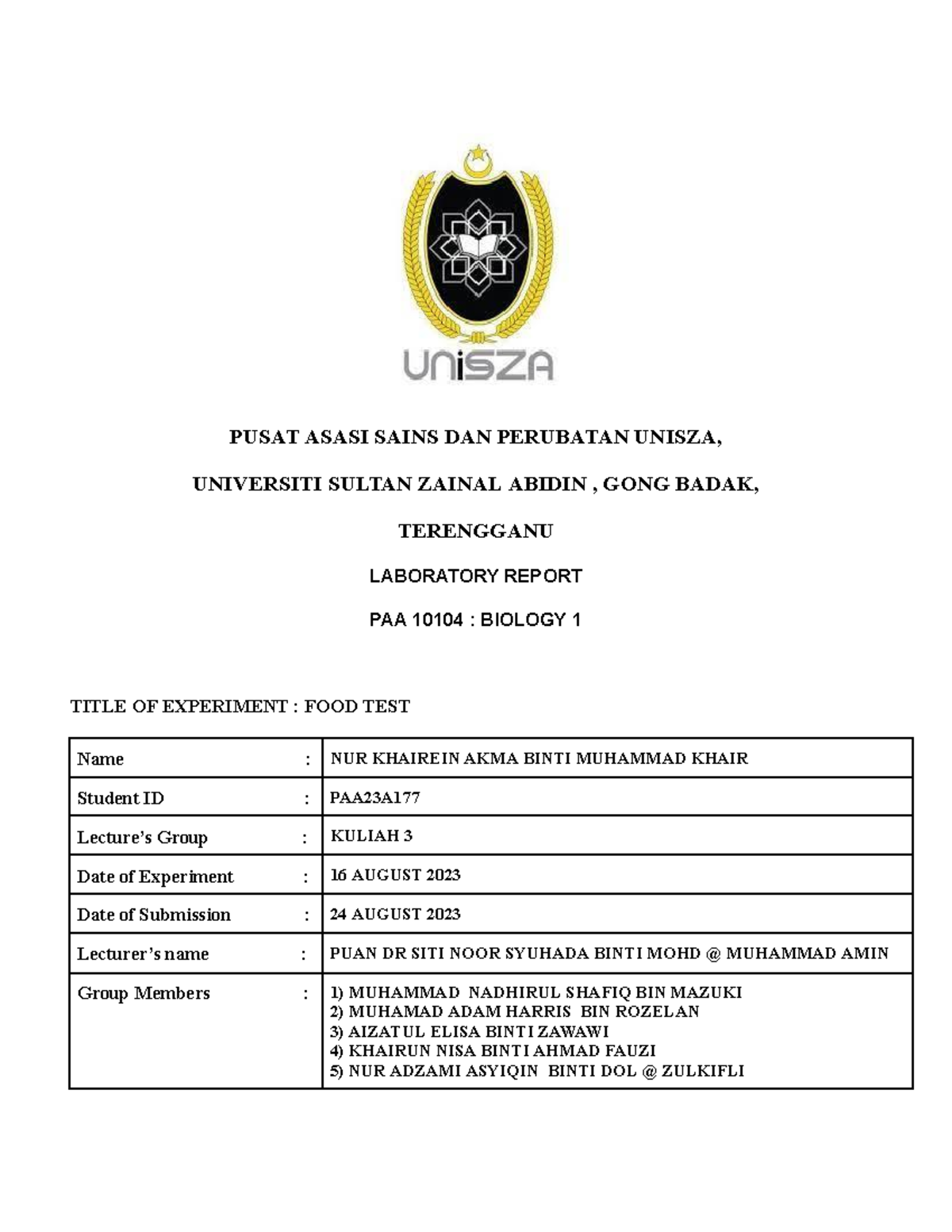 LAB Report BIO - as reference - PUSAT ASASI SAINS DAN PERUBATAN UNISZA ...