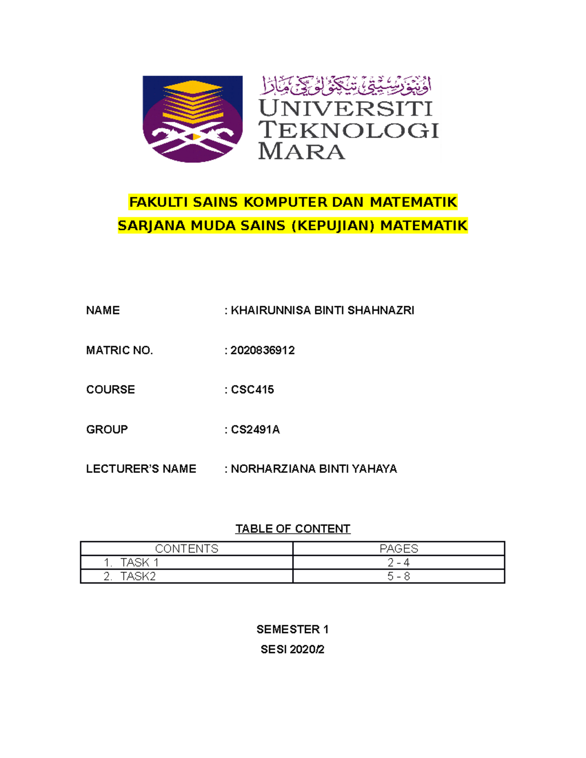 Csc415 Lab Assignment 2 Fakulti Sains Komputer Dan Matematik Sarjana 