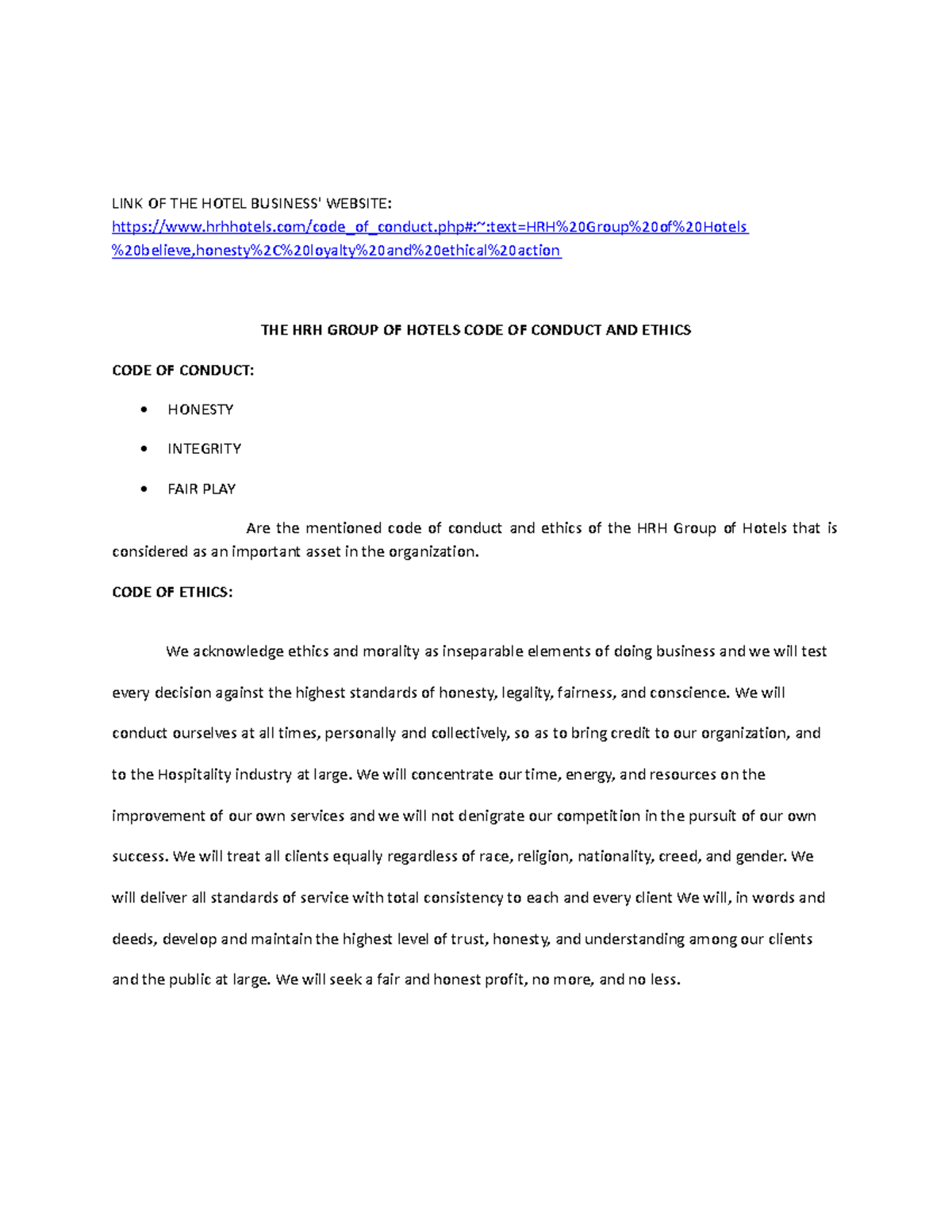 code of ethics and conduct - LINK OF THE HOTEL BUSINESS' WEBSITE: - Studocu