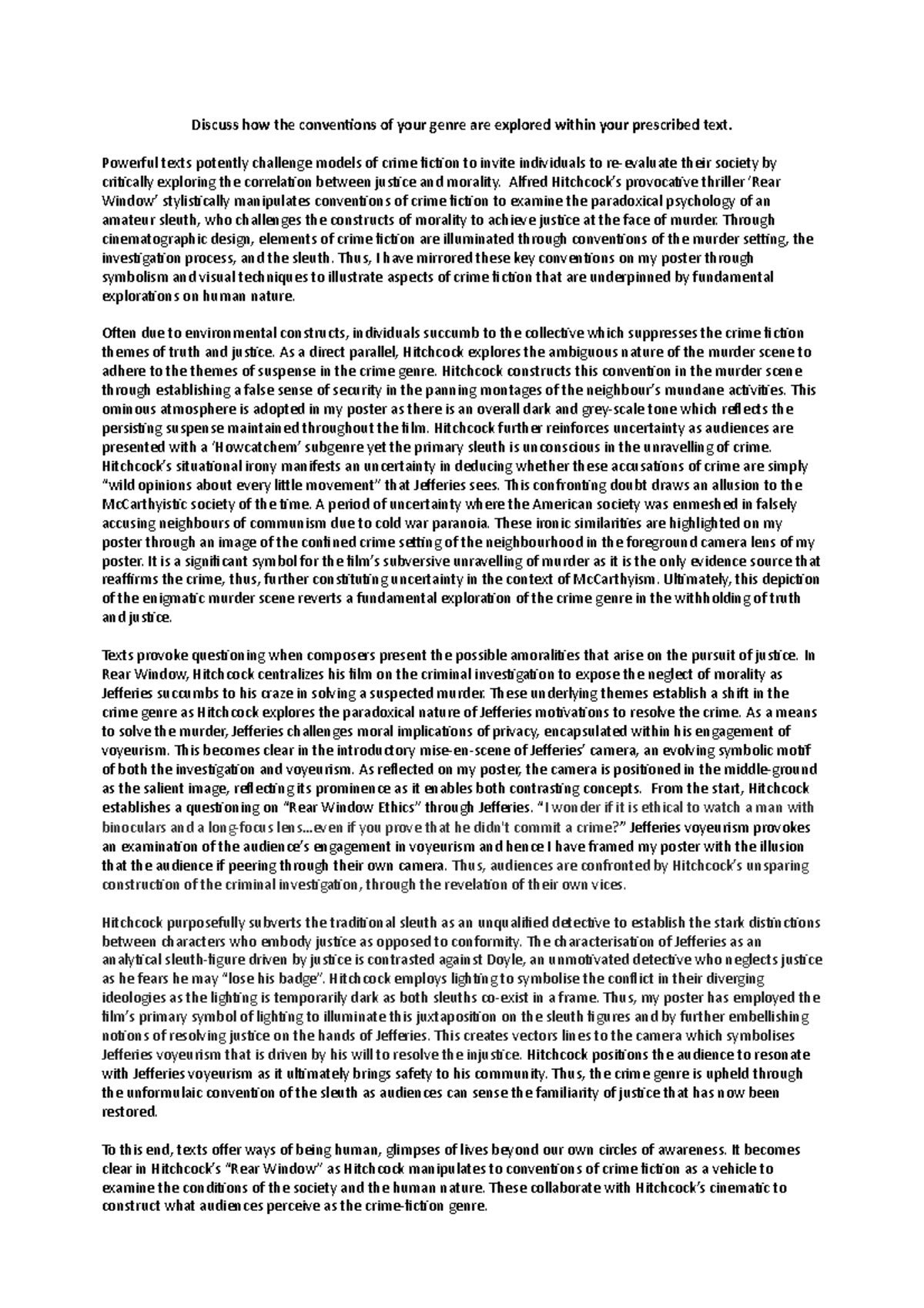 English Term 3 - Multimodal essay assignment on Rear Window. - Discuss ...