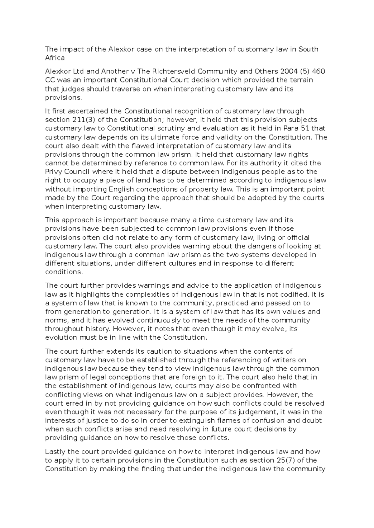 The impact of the Alexkor case on the interpretation of customary law ...