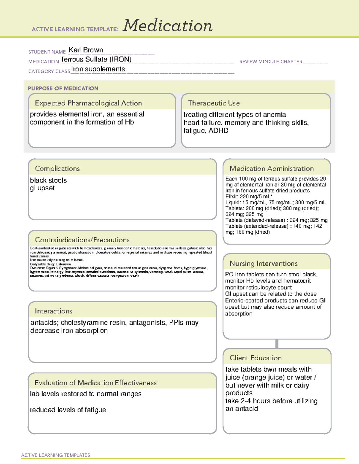 Iron - med sheet - ACTIVE LEARNING TEMPLATES Medication STUDENT NAME ...