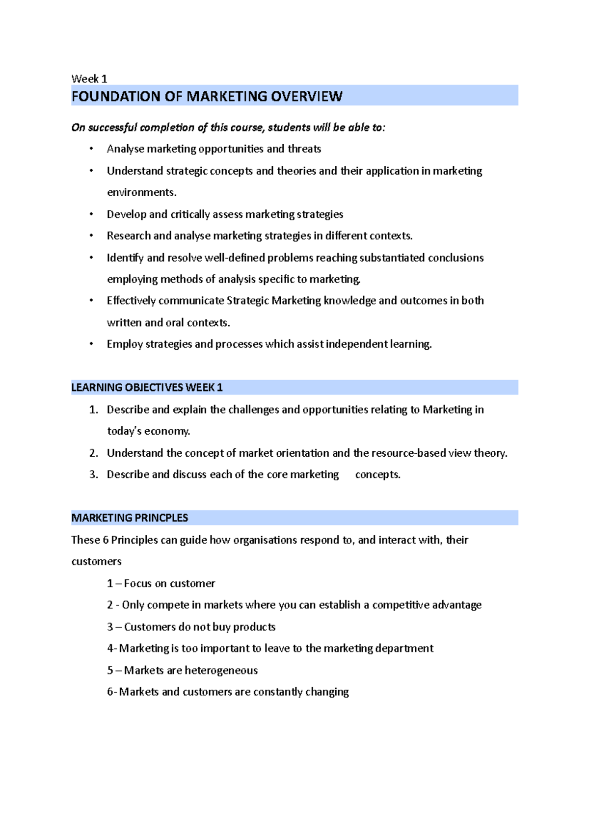 Strategic Marketing Notes - Week 1 FOUNDATION OF MARKETING OVERVIEW On ...