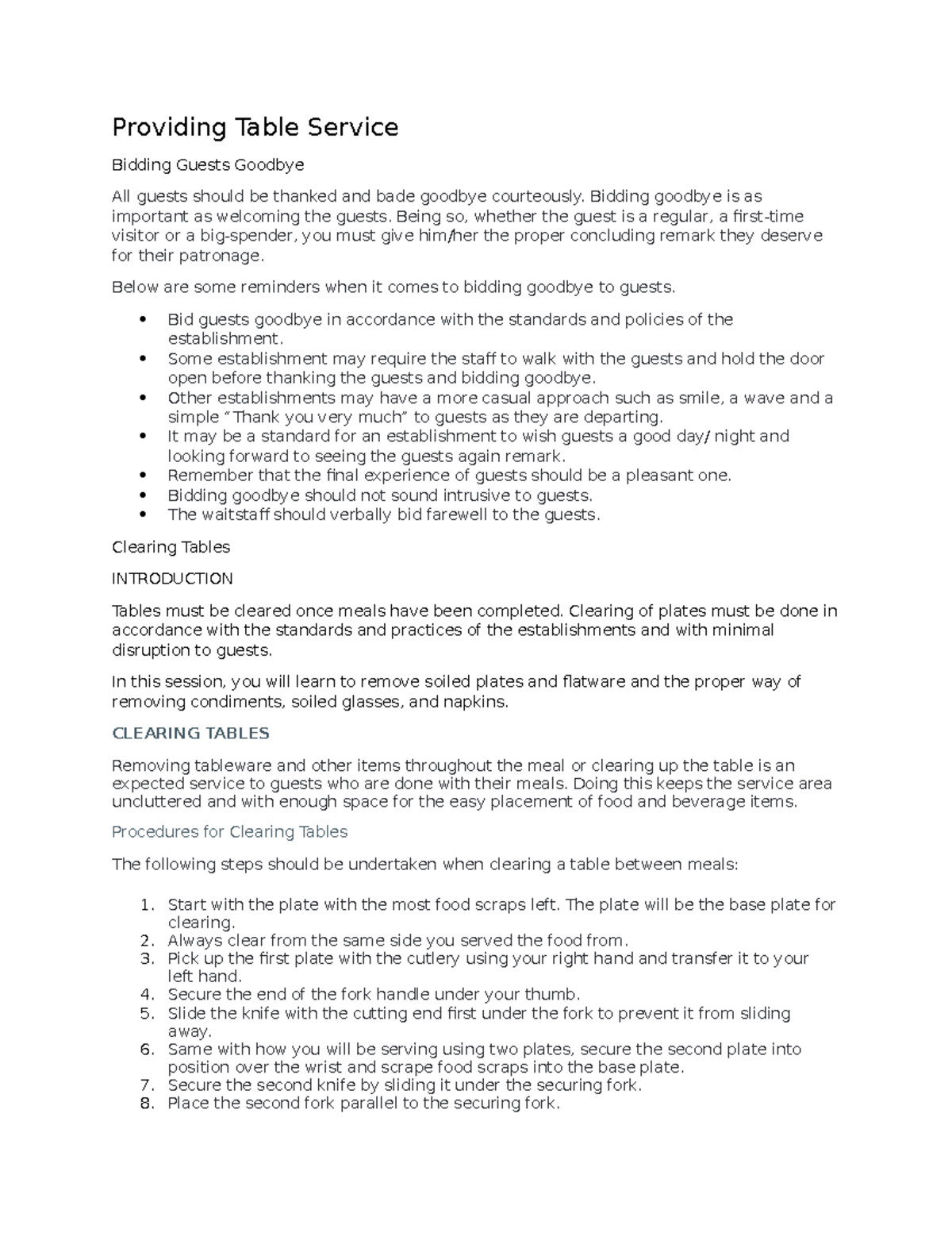 Hospitality Management Exam Part 2 - Providing Table Service Bidding ...