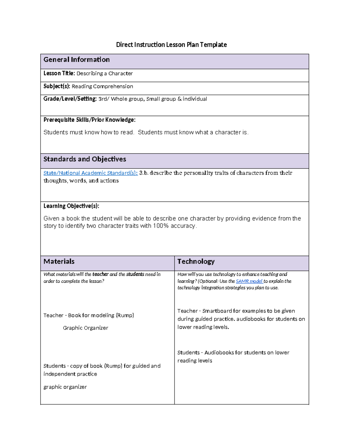 Elementary reading lesson task - Direct Instruction Lesson Plan ...