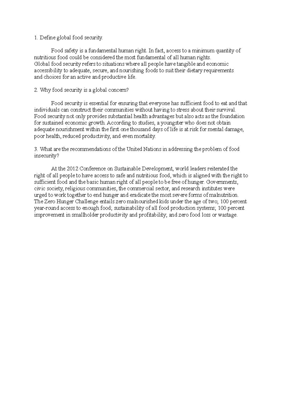 Chapter 13 ( Activity 13) - Define global food security. Food safety is ...