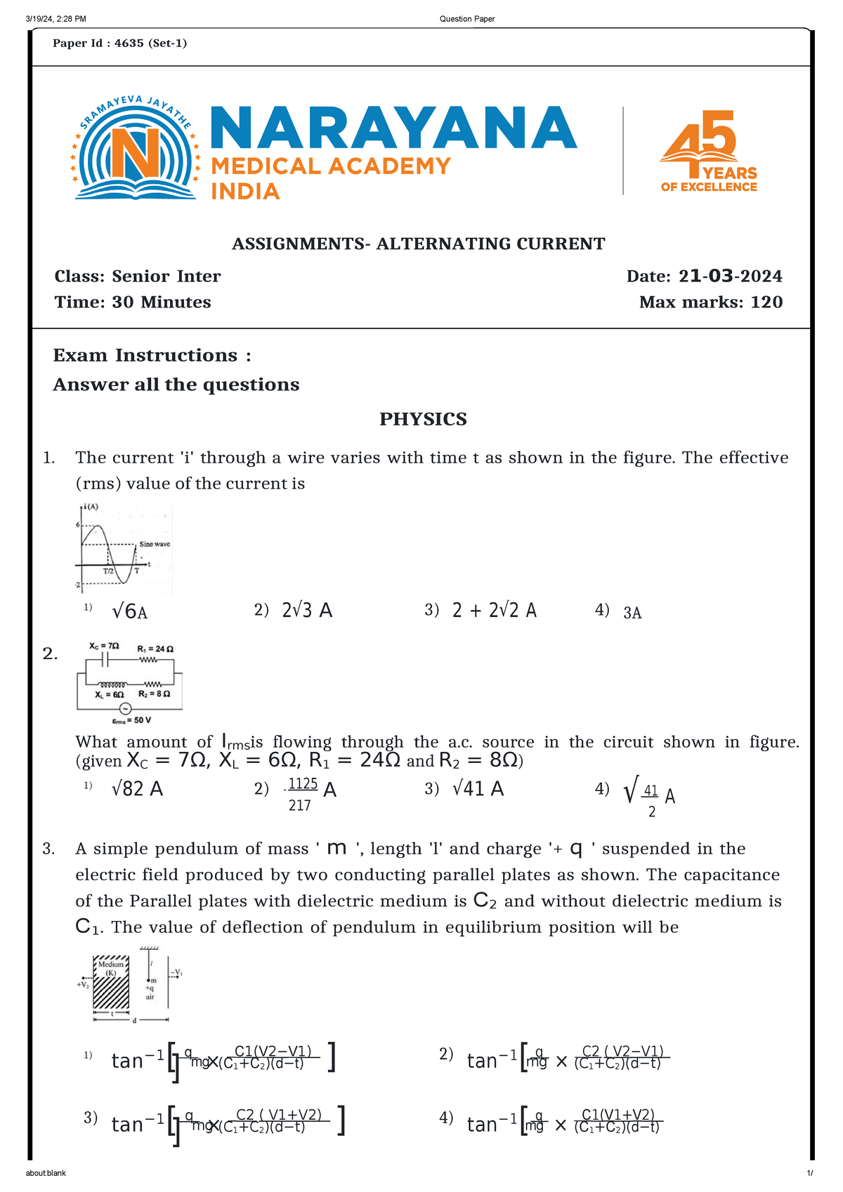 Alternating Current - Ac material - about:blank 1 / Paper Id : 4635 (Set-1) ####### ASSIGNMENTS ...