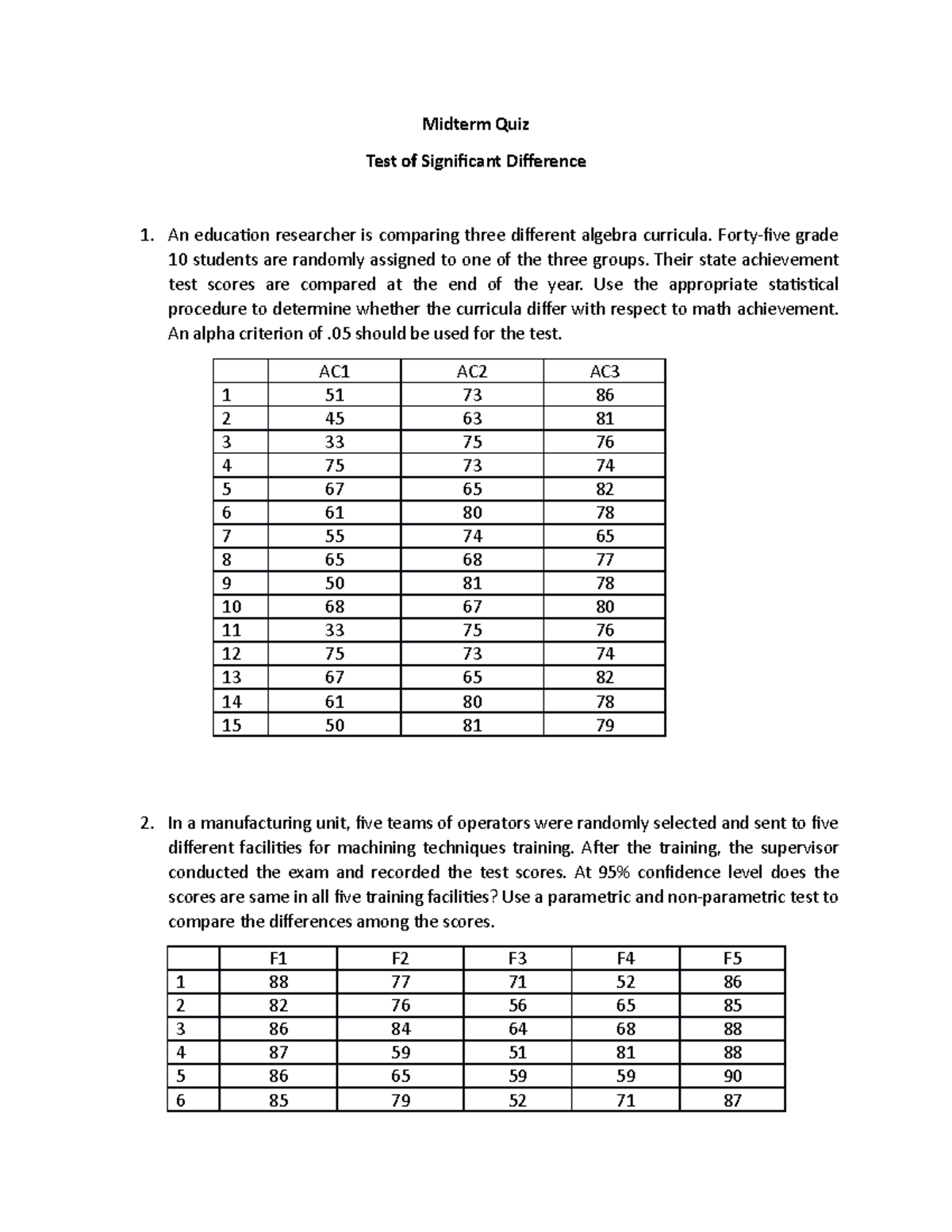 Midterm Quiz Statistics A302 Nov 3 2022 - Midterm Quiz Test of ...