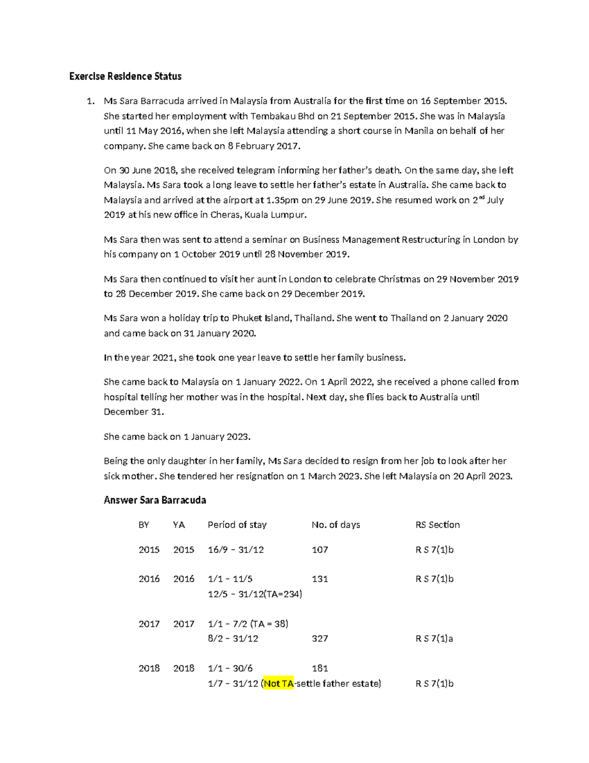 Exercise Residence Status Answer - Exercise Residence Status 1. Ms Sara ...