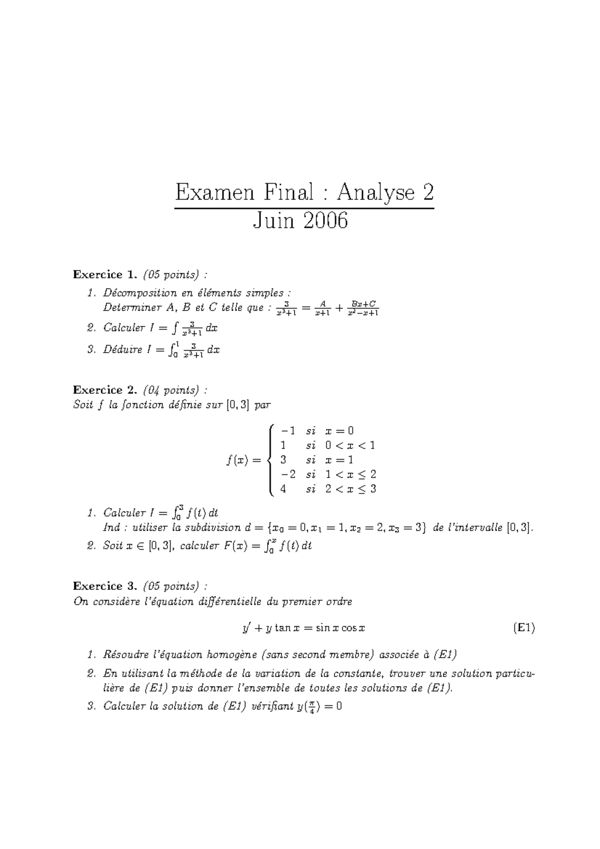 Analyse 2 examen 01 - Université A. Mira-Béjaia Faculte des Sciences et ...