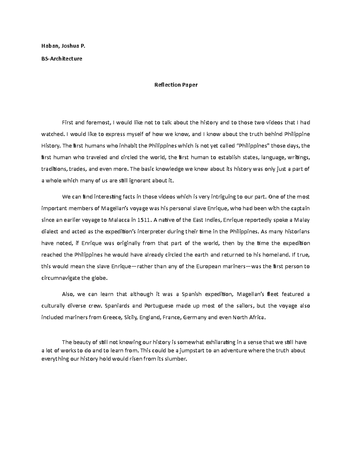 Phil His - Haban, Joshua P. BS-Architecture Reflection Paper First and ...