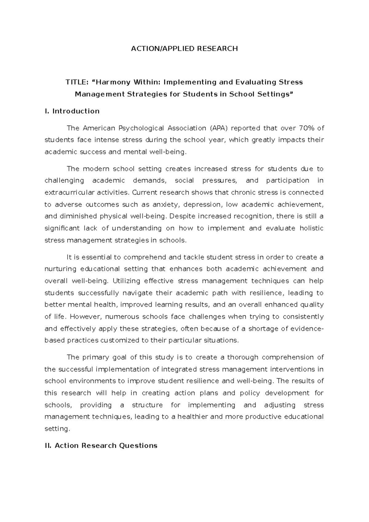 Applied Research - ACTION/APPLIED RESEARCH TITLE: “Harmony Within ...