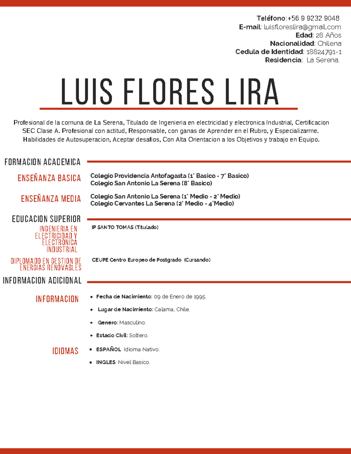 Cv Luis Flores Lira - asd - LUIS FLORES LIRA Profesional de la comuna de La Serena, Titulado de ...
