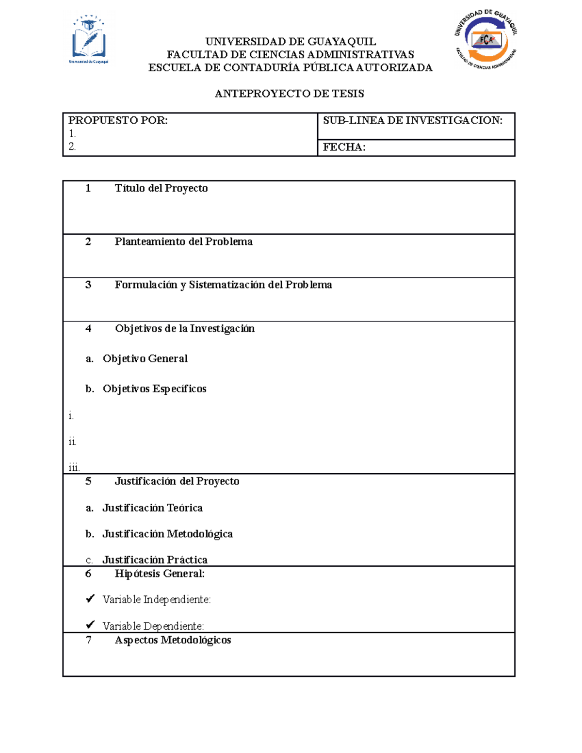 Formato Anteproyecto - UNIVERSIDAD DE GUAYAQUIL FACULTAD DE CIENCIAS ADMINISTRATIVAS ESCUELA DE ...