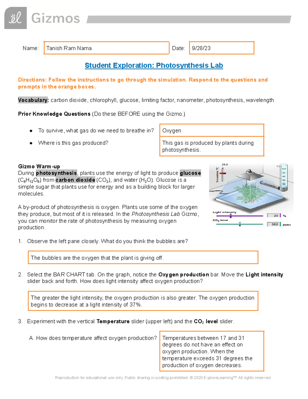 Gizmos Photosynthesis Lab SE Master - Name: Tanish Ram Nama Date: 9/28 ...