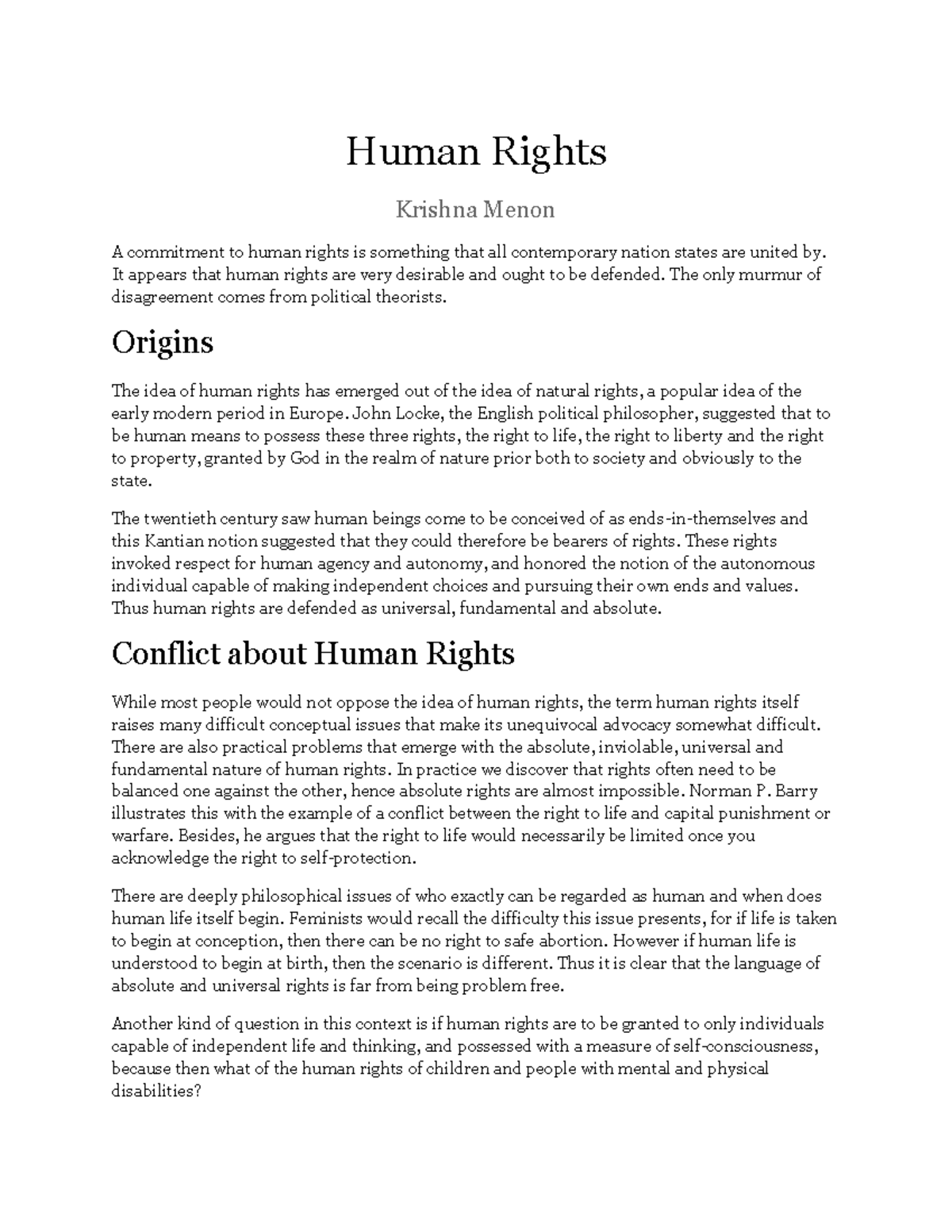 Human Rights - Summary Philosophy Honours - Human Rights Krishna Menon ...