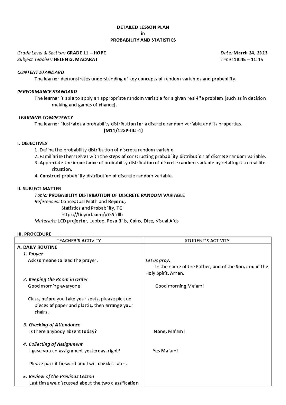 DLP statistics - DETAILED LESSON PLAN in PROBABILITY AND STATISTICS ...