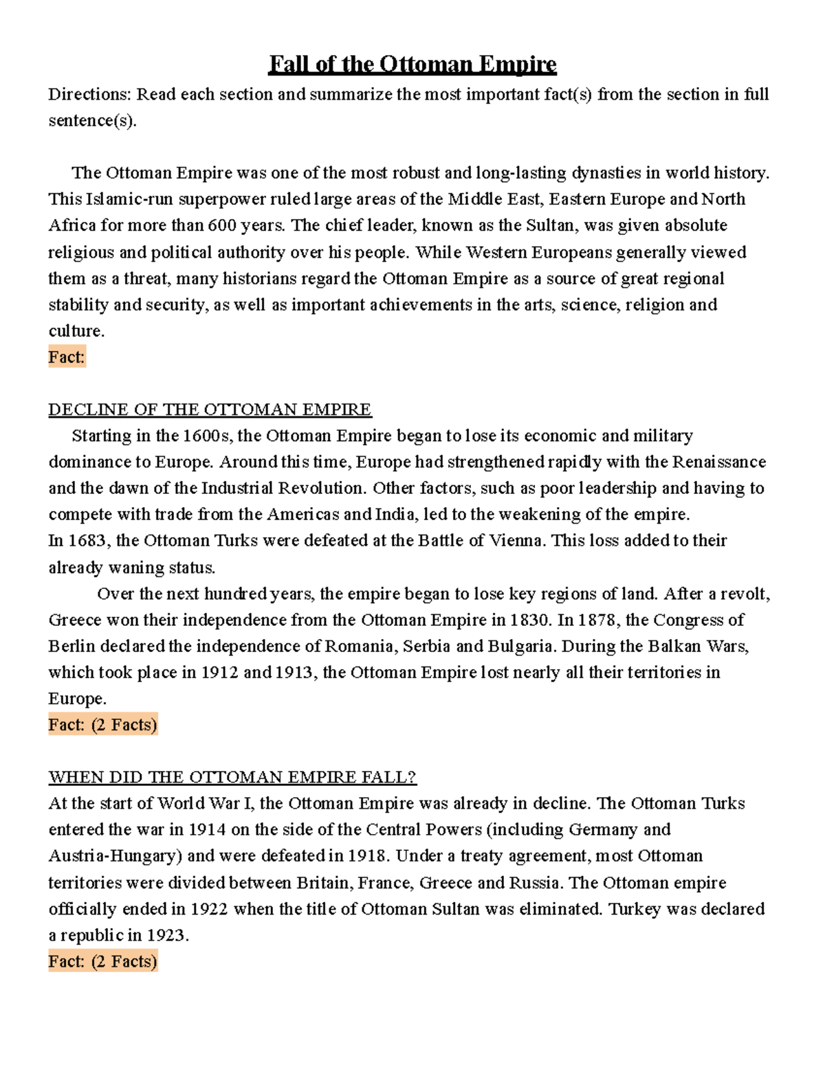 Fall of the Ottoman Empire - Fall of the Ottoman Empire Directions ...