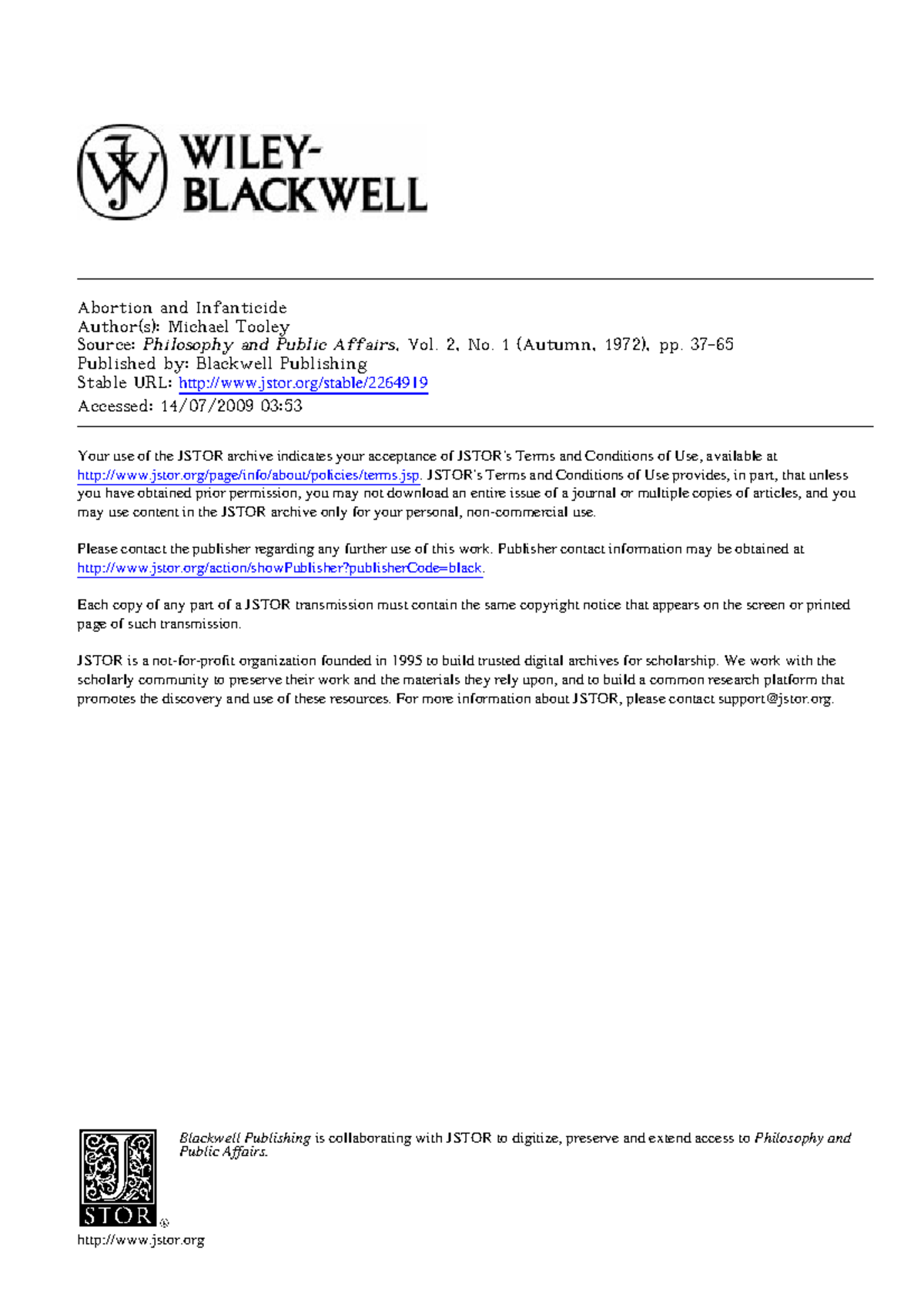 Tooley on Abortion - Abortion and Infanticide Author(s): Michael Tooley ...