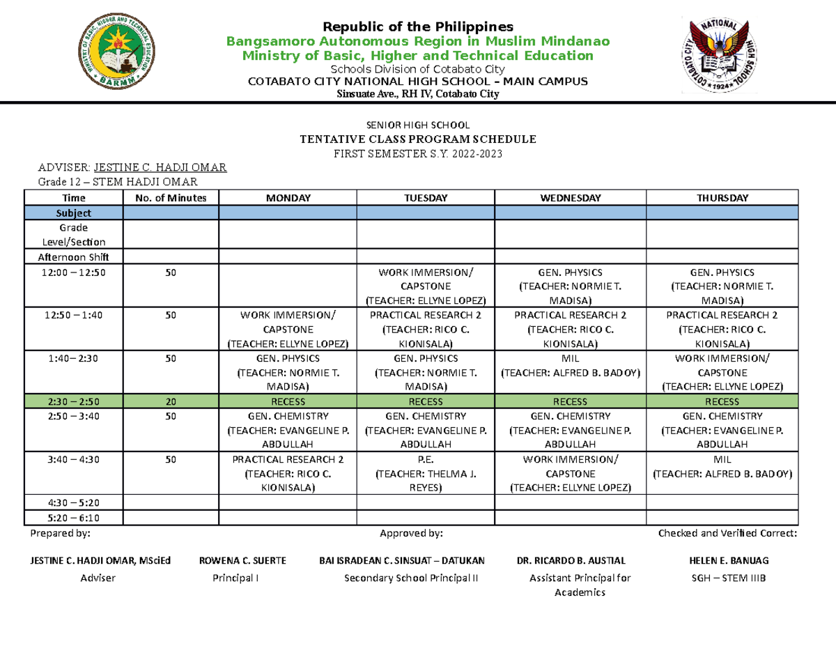 12 STEM Hadji Omar Classroom 50 min. Schedule - Republic of the ...