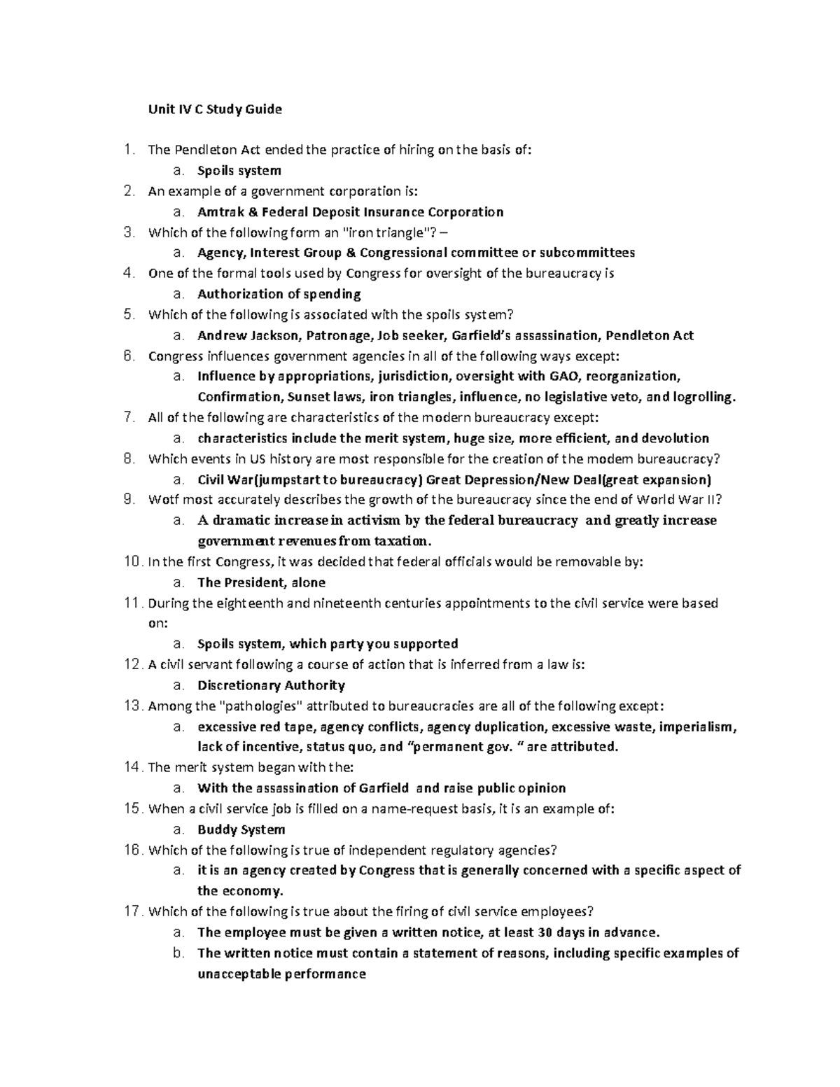 Unit IV C Study Guide - Unit IV C Study Guide The Pendleton Act ended ...